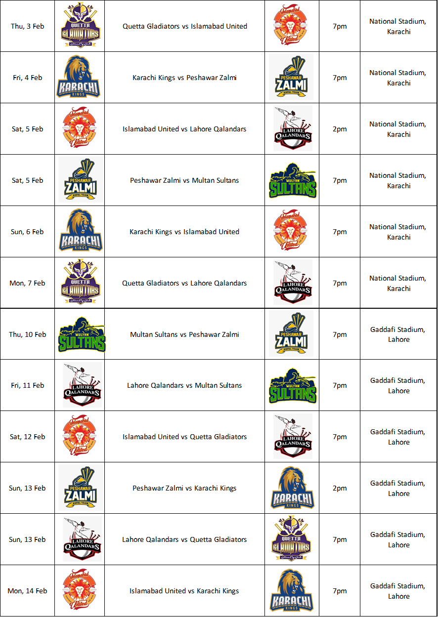 PSL 7: Schedule of Matches - Pakistan Post